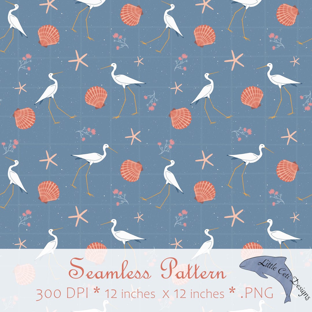 Hand Drawn Coastal Seabird Seamless Pattern, Ocean Starfish Print ...