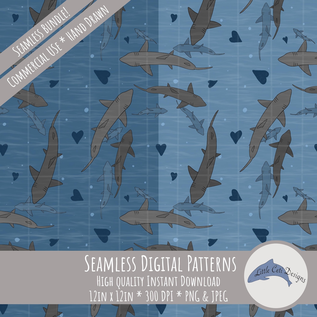 Basking Shark Seamless Pattern Digital Download, Hand Drawn Courtship ...