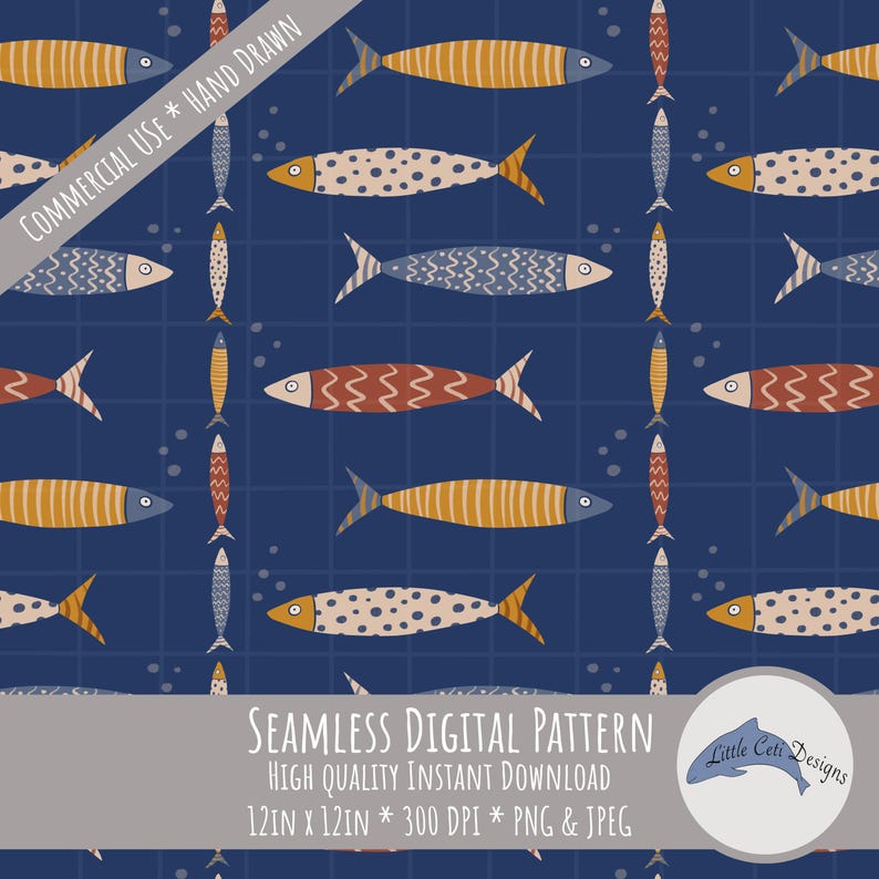 Colorful Fish Seamless Pattern Digital Download, Hand Drawn Nautical ...