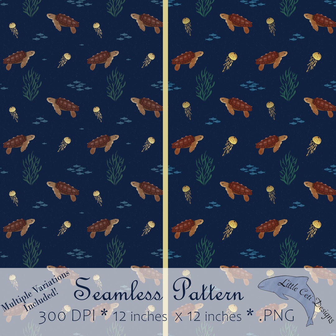 Hand Drawn Seamless Pattern, Loggerhead Sea Turtle, Ocean Life Digital ...