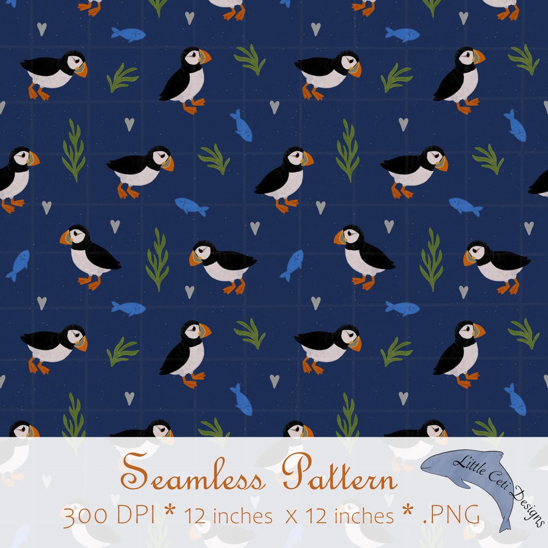 Hand Drawn Puffins Seamless Pattern, Coastal Ocean Digital Paper, Fish ...