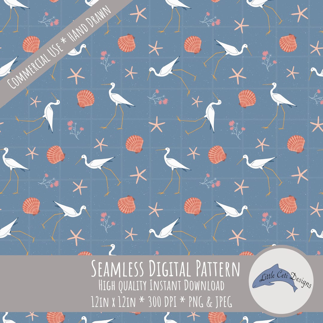 Coastal Seabird Seamless Pattern Digital Download Hand Drawn Ocean ...