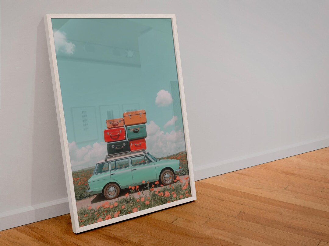 Road Trip Dreams: Vintage Car Digital Wall Art With Stacked Luggage on ...