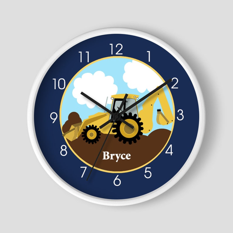 Navy Blue Construction Backhoe Digger Boys Room 10-inch Nursery Clock ...