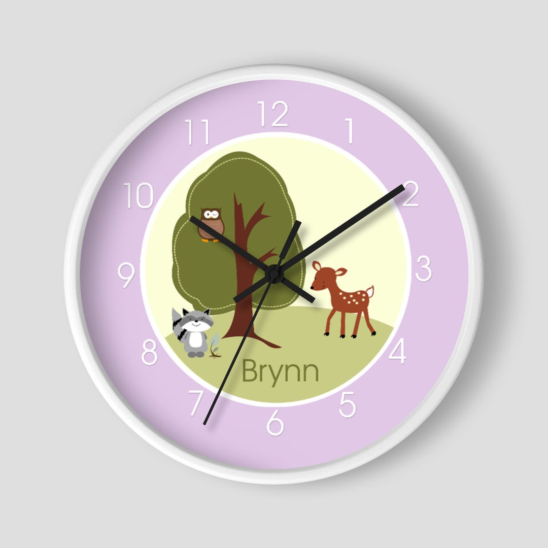 Woodland Deer Forest Animals Nursery Clock LILAC Color White Frame ...