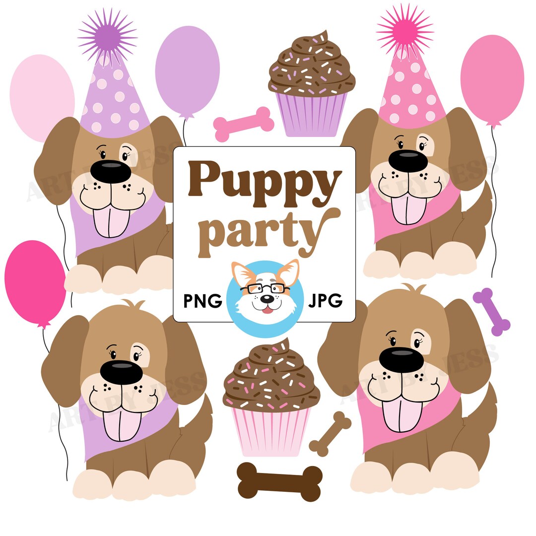 Puppy Party Clipart, Girl Birthday Puppy Clipart, Dog Party Clipart ...
