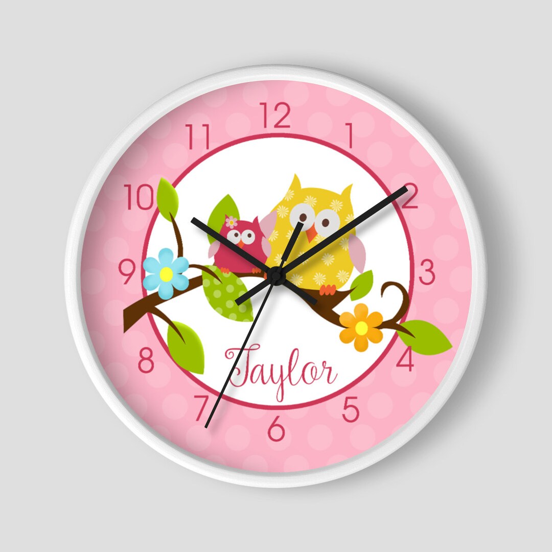 Happy Owls in a Tree Pink and White 10" Girls Nursery Clock / Owl ...
