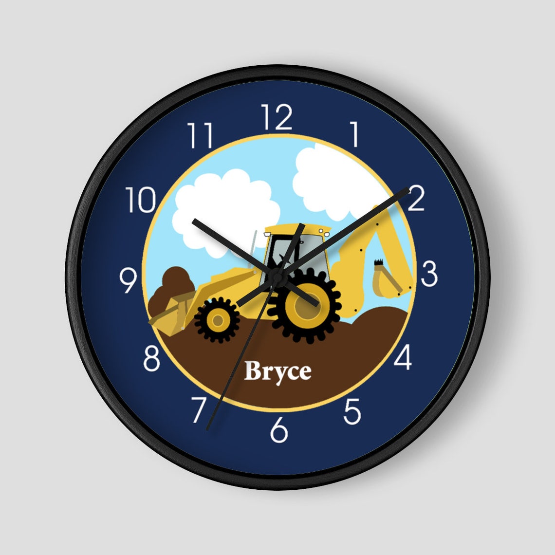 Navy Blue Construction Backhoe Digger Boys Room 10-inch Nursery Clock ...