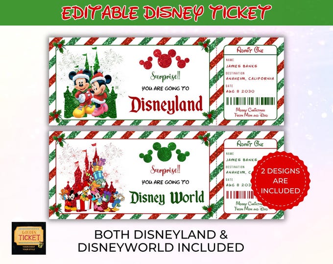 Editable Christmas Disneyland Ticket, Disneyworld Ticket, Surprise ...