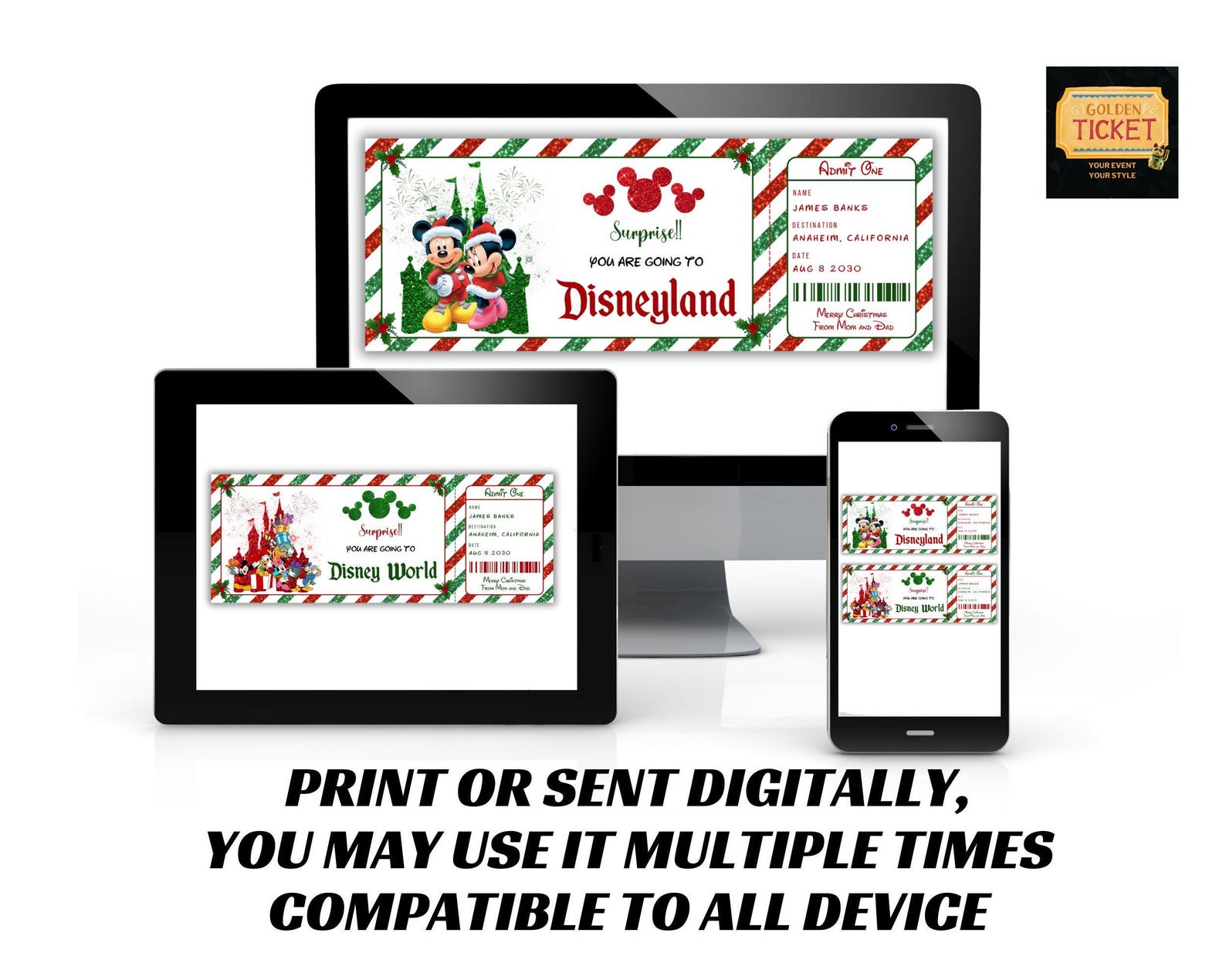 Editable Christmas Disneyland Ticket, Disneyworld Ticket, Surprise ...