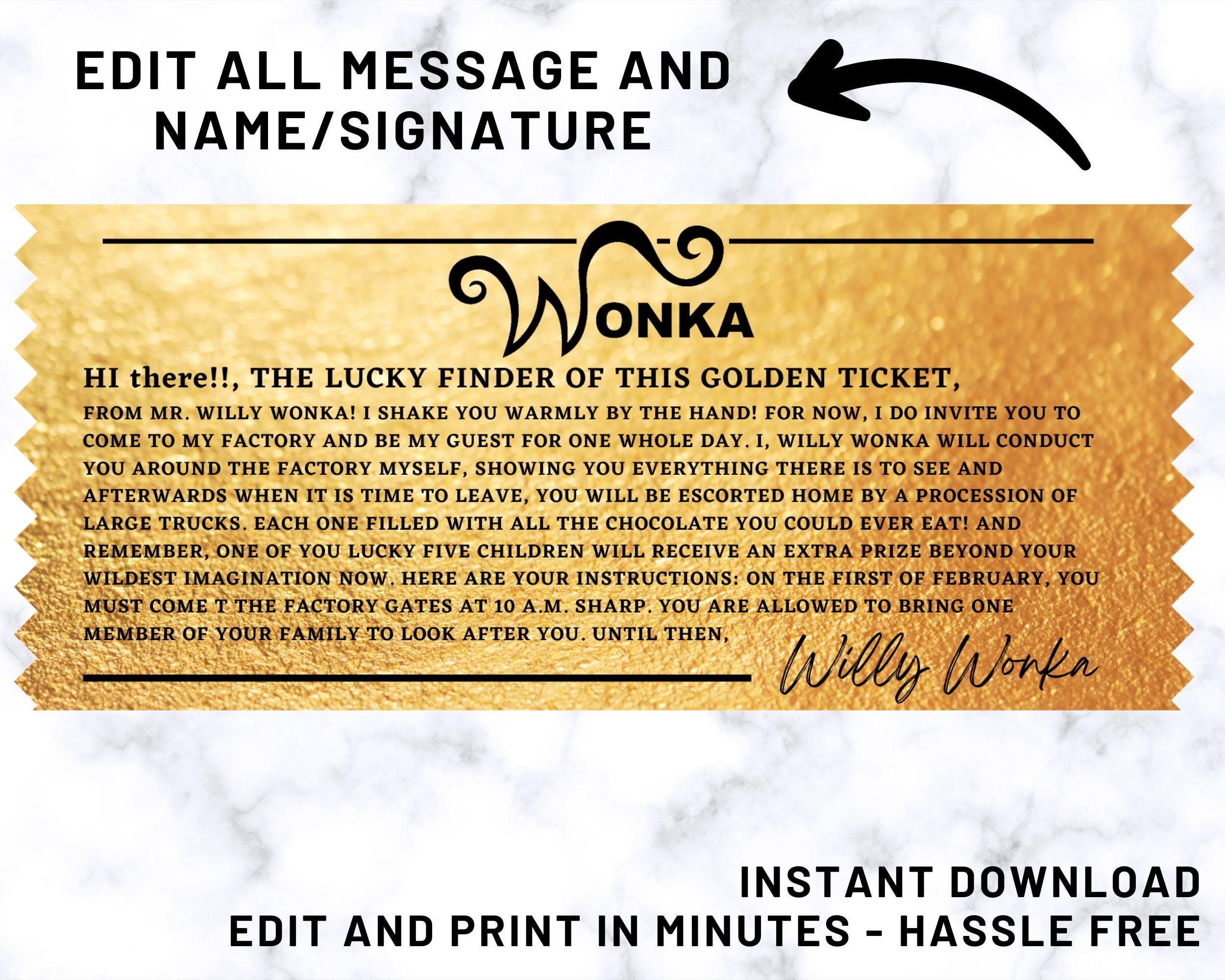 Editable Willy Wonka Golden Ticket, Willy Wonka Ticket, Willy Wonka's ...
