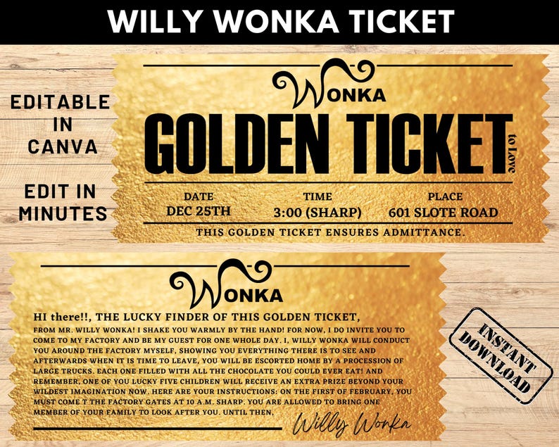 Editable Willy Wonka Golden Ticket, Willy Wonka Ticket, Willy Wonka's ...