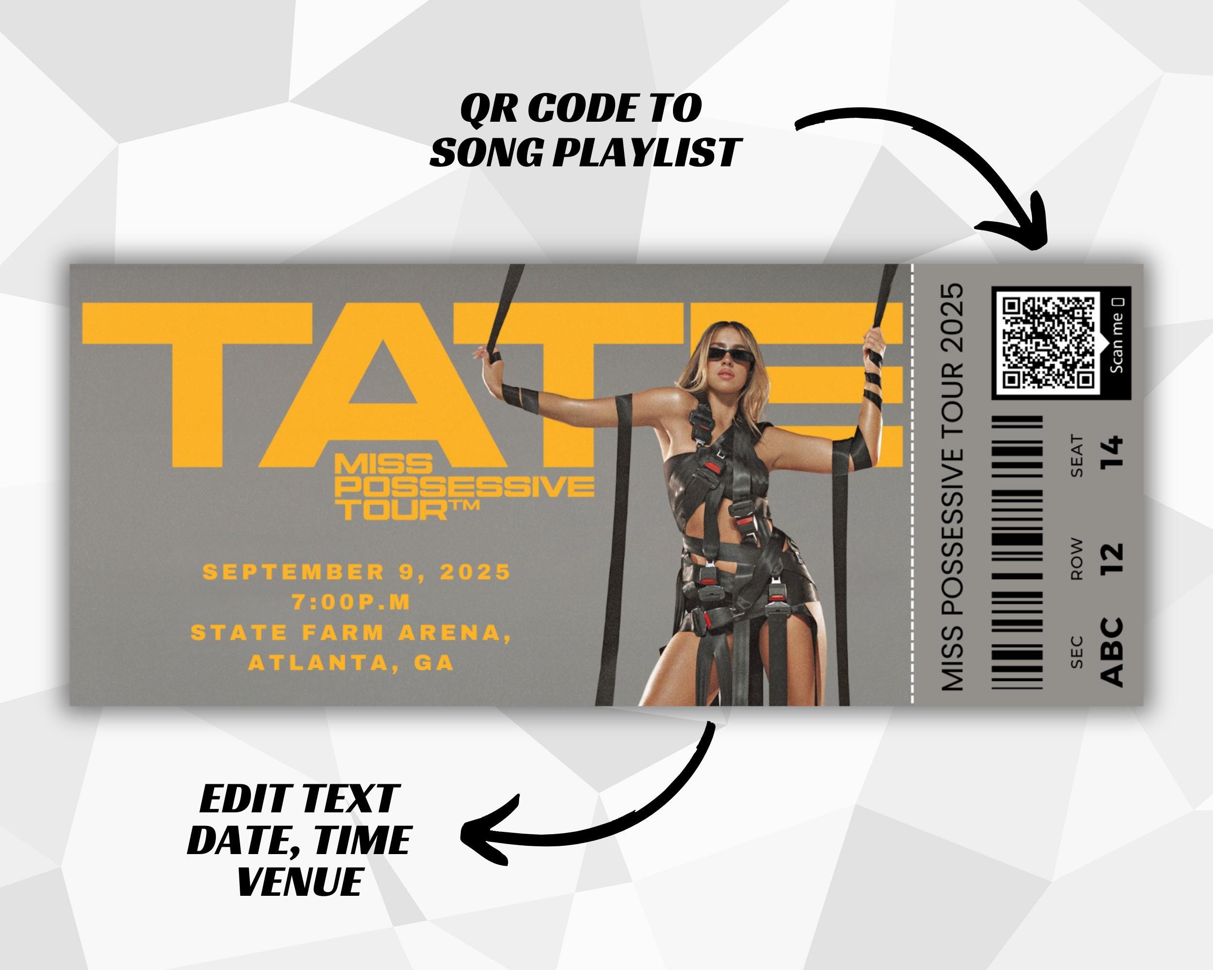 Custom Personalised TATE MCRAE Miss Possessive Concert World Tour Editable Ticket Gift Printable ...