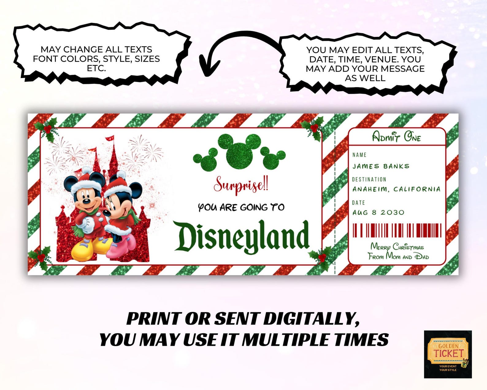 Editable Christmas Disneyland Ticket, Disneyworld Ticket, Surprise ...