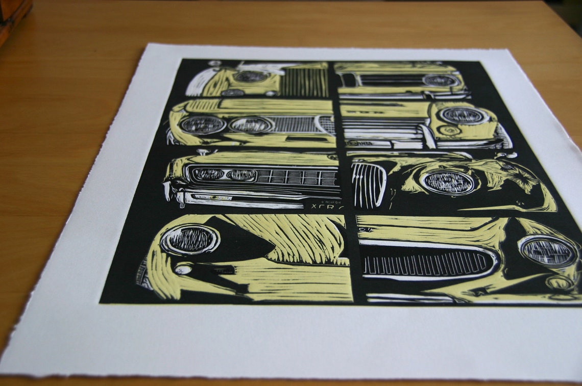 Original Limited Edition Linocut Print - Vintage Car Montage - Etsy