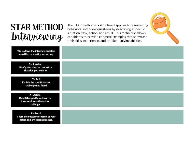 Situation, Task, Action & Result, Interview Preparation STAR Format Worksheet Template, Job ...