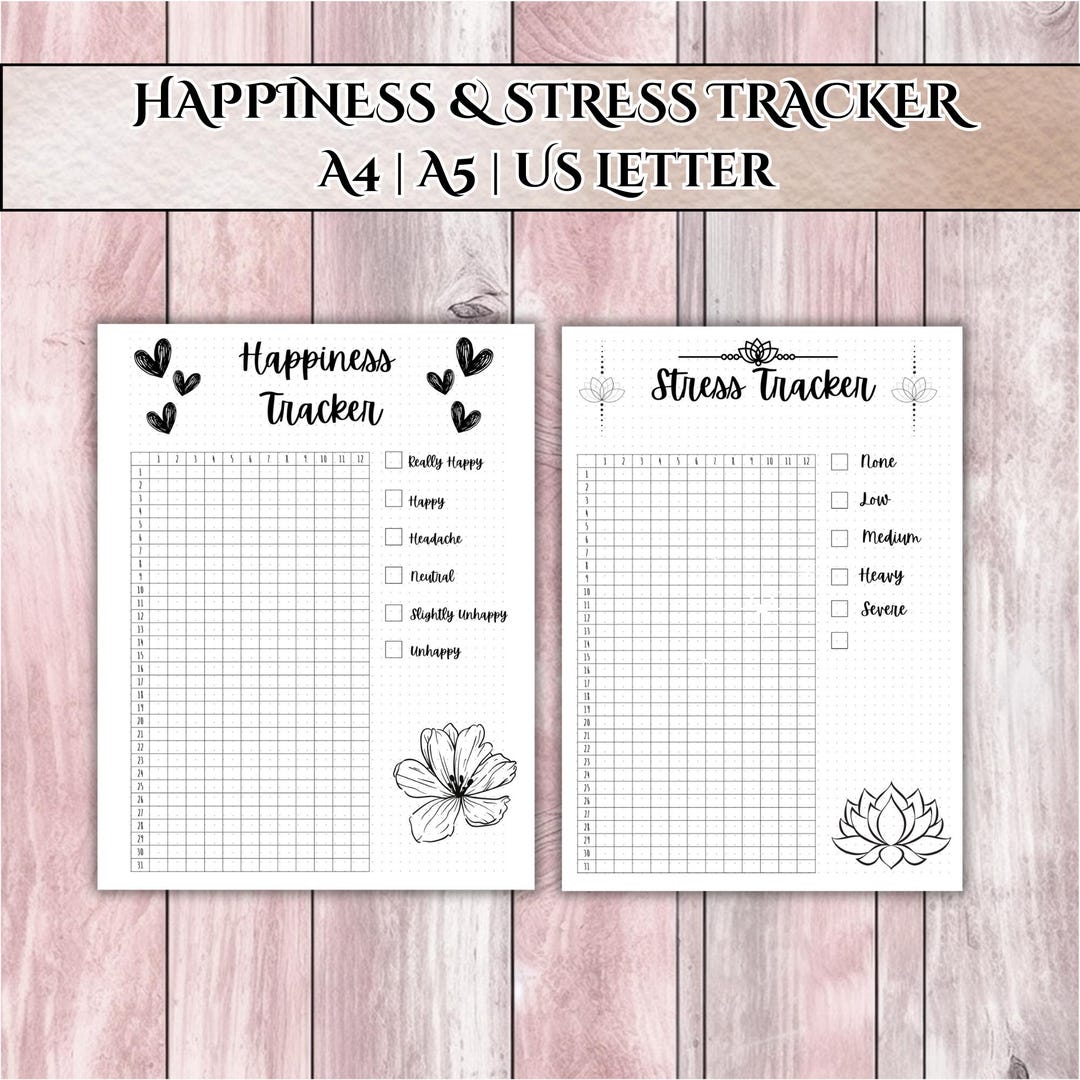Happiness Tracker and Stress Tracker Printable Journal Pages Planner ...