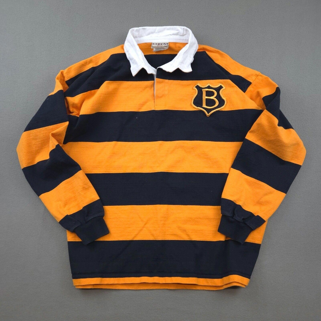 Vintage 1990s USA University Rugby Shirt Mens XL Collared Black Striped ...