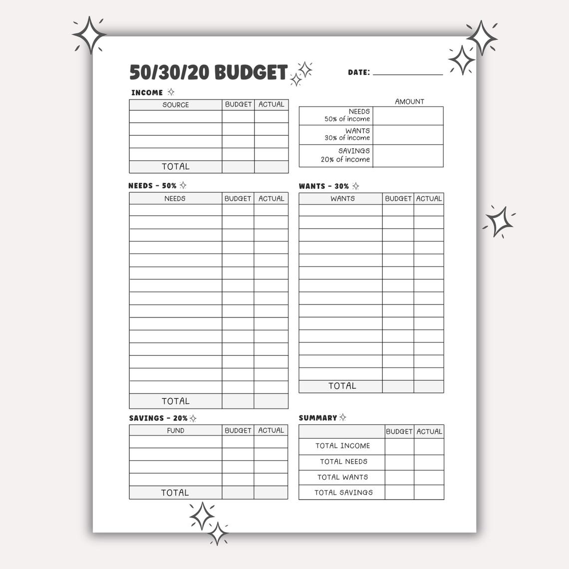 50/30/20 Budget Worksheet: Printable Monthly Finance Planner (PDF ...