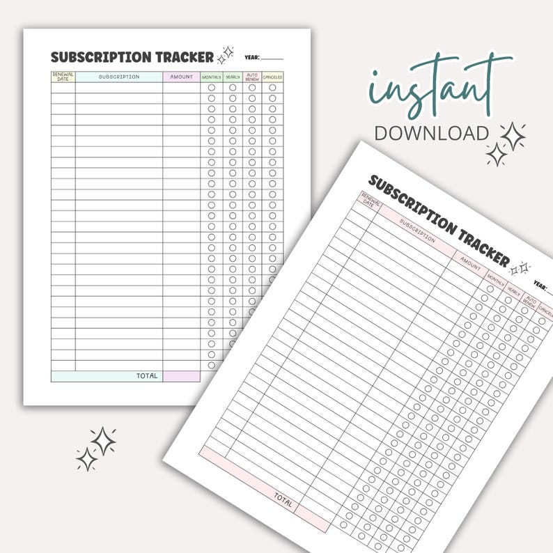 Subscription Tracker Printable Budget Planner Worksheet for Bullet ...