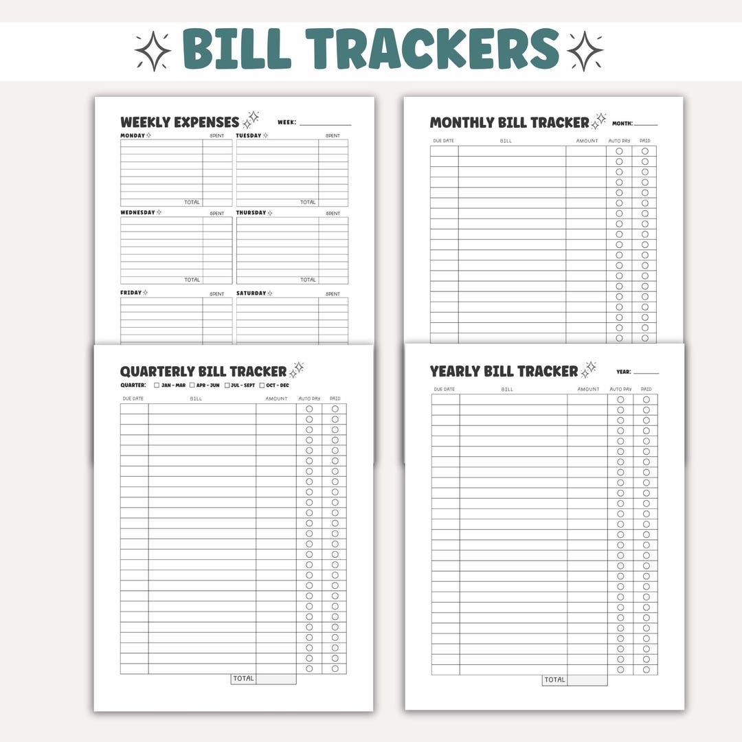 Printable Bill Trackers | Monthly Budget Planner Worksheets for Bullet ...