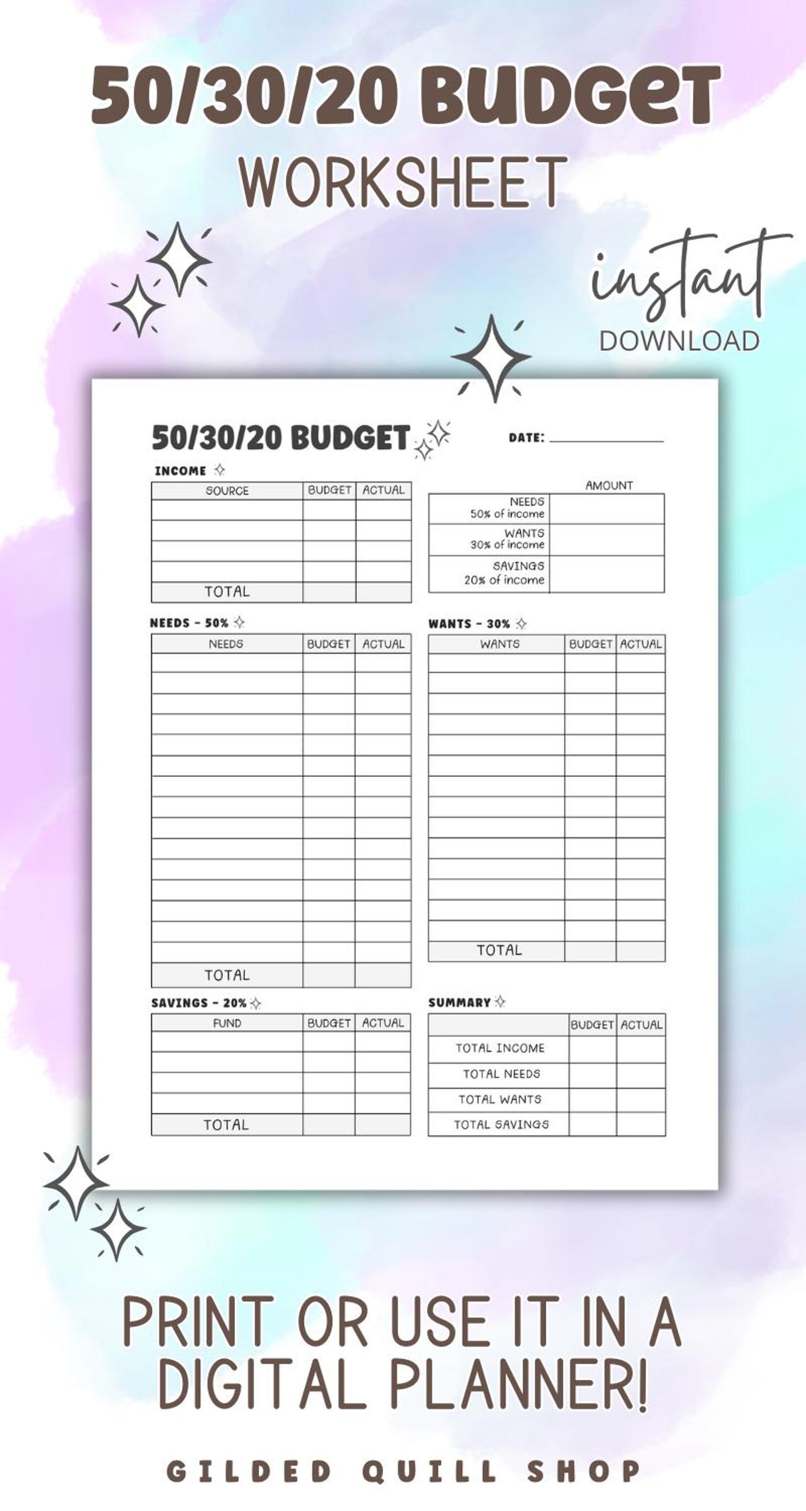 50/30/20 Budget Worksheet: Printable Monthly Finance Planner (PDF Download) - Etsy