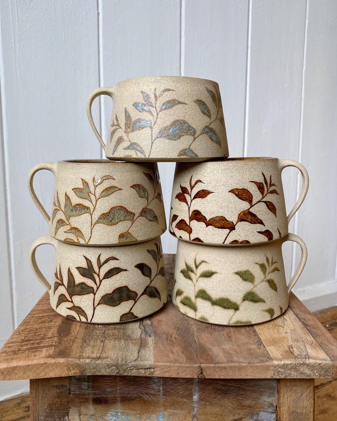 Handmade Ceramic 9oz Mugs - Hand Throw, Hand Drawn, Botanical Leaf ...