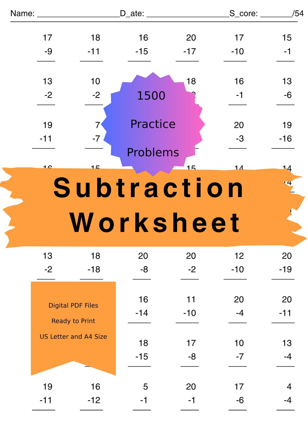 Math Worksheets, Subtraction Worksheet, Single and Double Digit Numbers ...