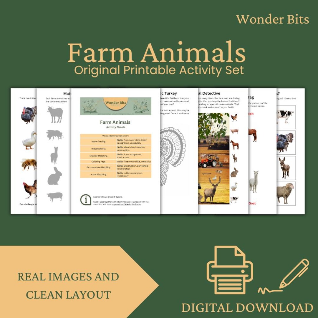 Farm Animals Printable Activity Set for Kids | Educational Worksheets ...