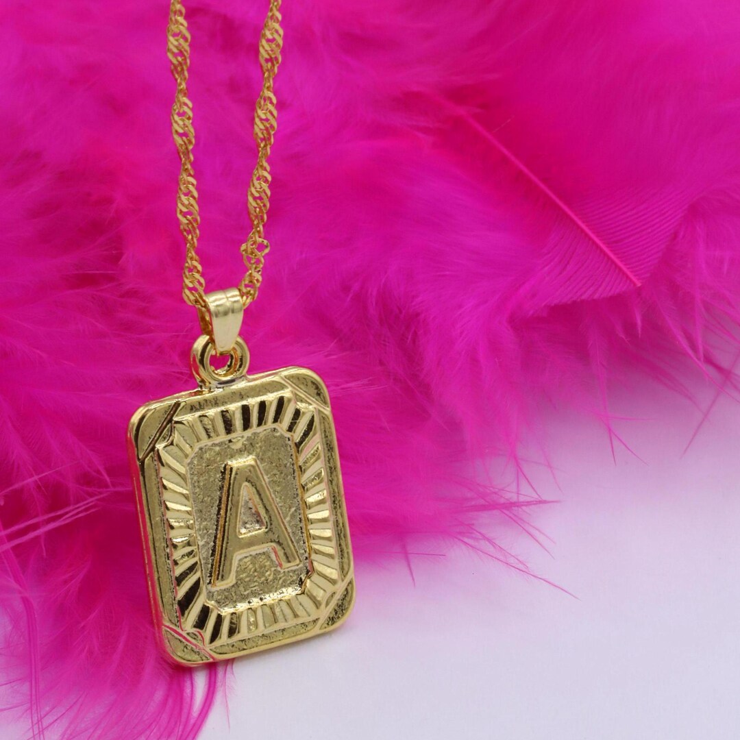 18K Gold Initial Letter Necklace, Medal Gold Initial Letter Pendant ...