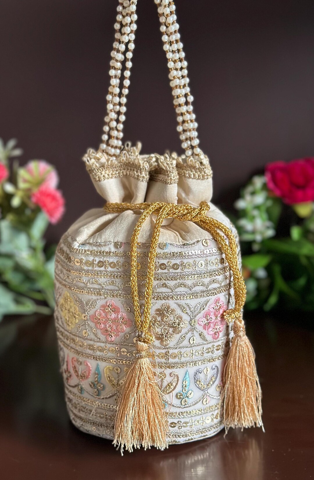 AEVA Ivory White Potli Bag With Pastel Embroidery, Indian Wedding Purse ...