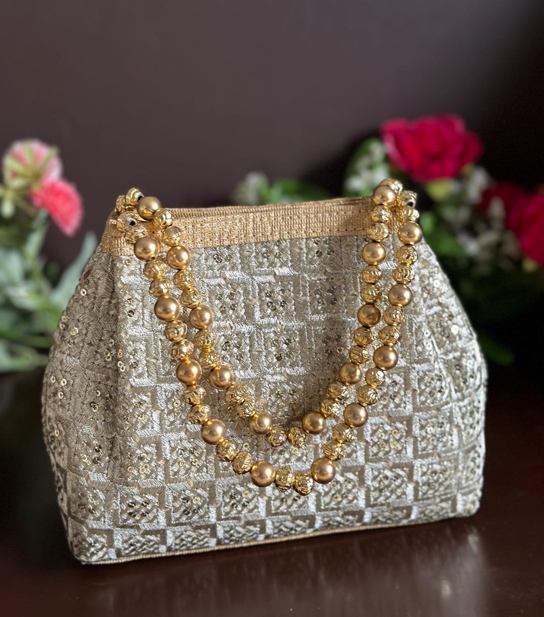 REWA Designer Silver Sequins Potli Bag With Gold Bead Handle, Bridal ...