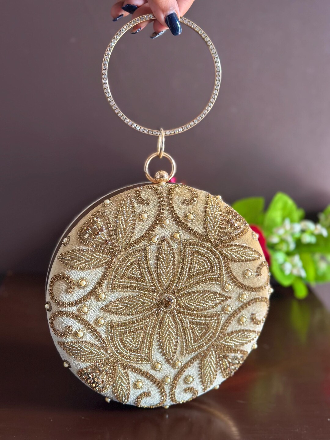 KESHA Round Velvet Beige Clutch Purse With Gold Embroidery,crossbody ...
