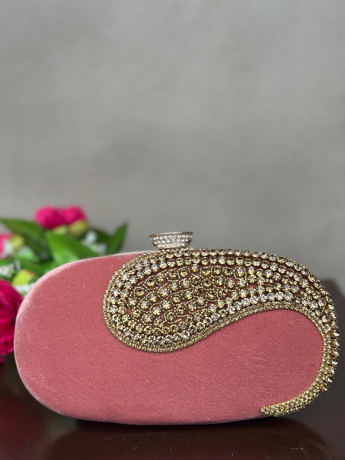 KAVI Pink Clutch Purse With Gold Detailing, Hard Gold Clutch Crossbody ...