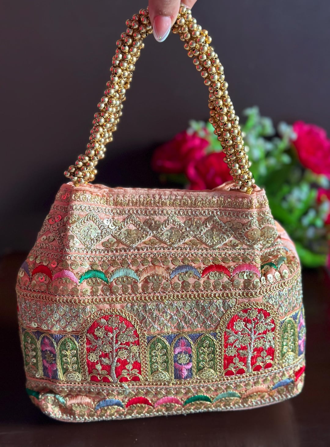 PRIYA Salmon Pink Potli Bag With Traditional Zardozi Embroidery Work ...