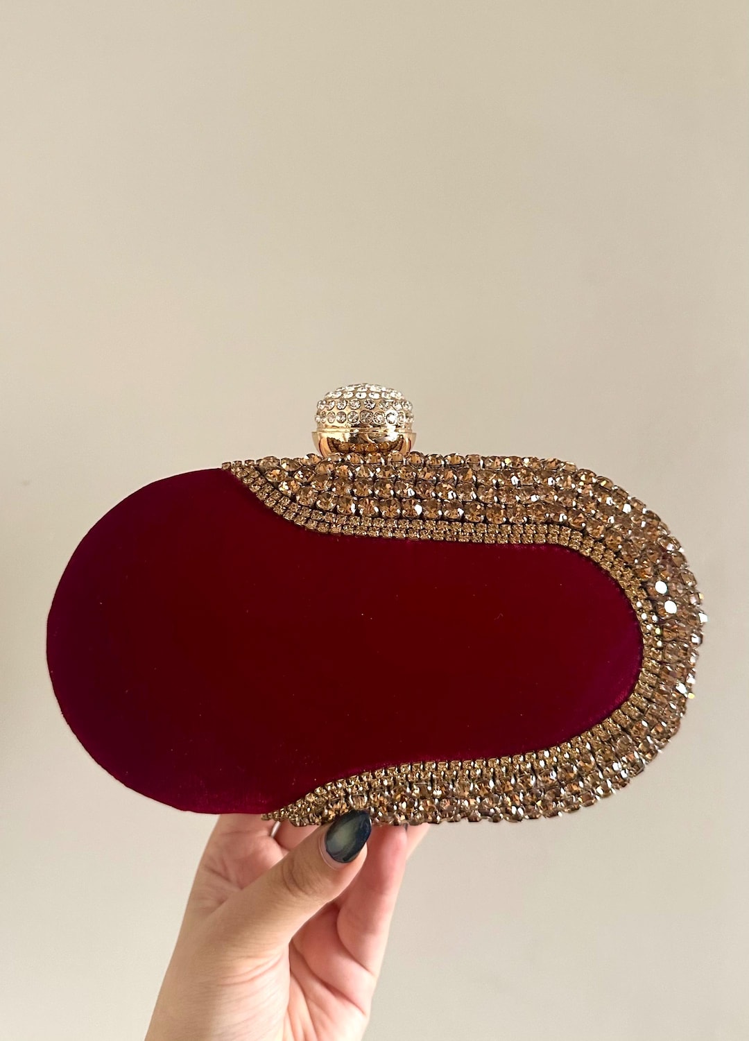 REYA Maroon Red Clutch Purse With Gold Detailing, Hard Gold Clutch ...