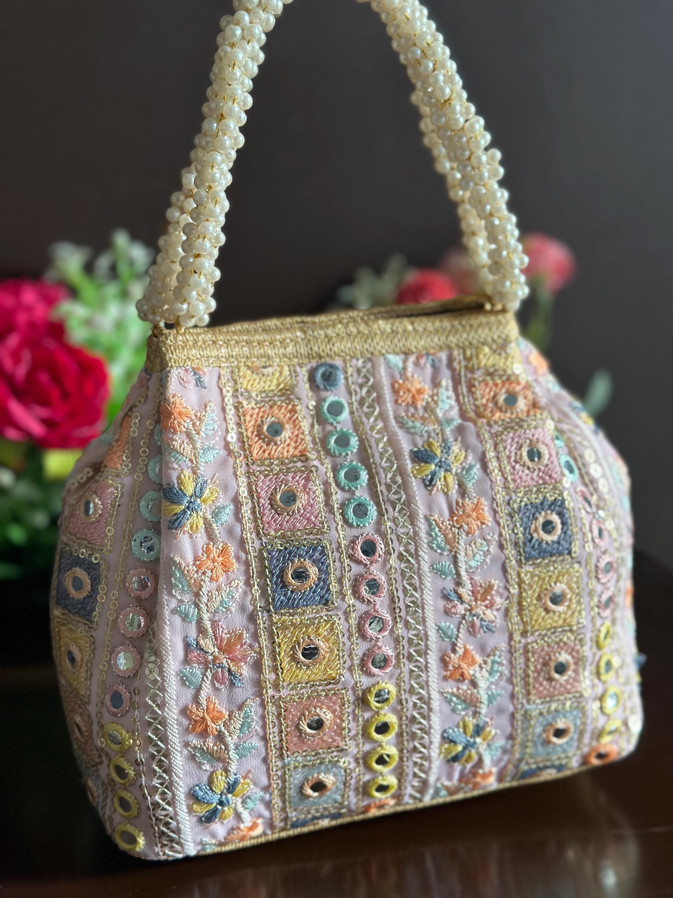 SANA Maroon Red Zardozi Embroidery Potli Bag With Pearl Handle, Indian ...