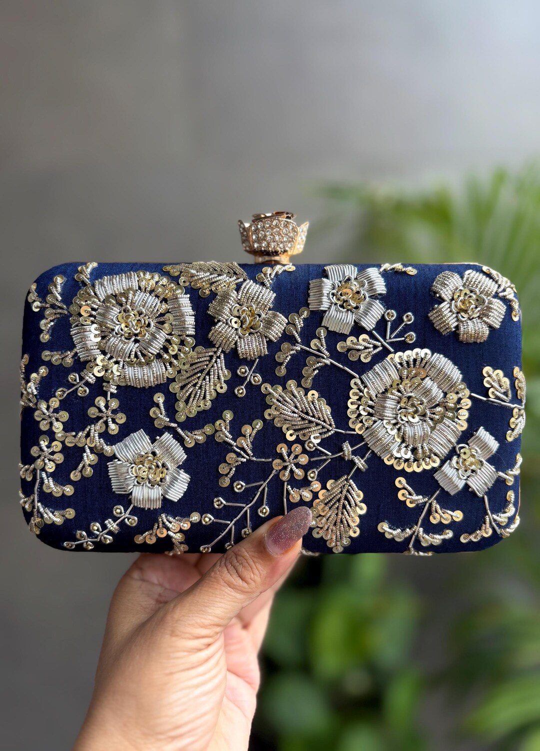 SAMARA Luxe Dark Blue Clutch Purse With Handstitched Gold Floral ...