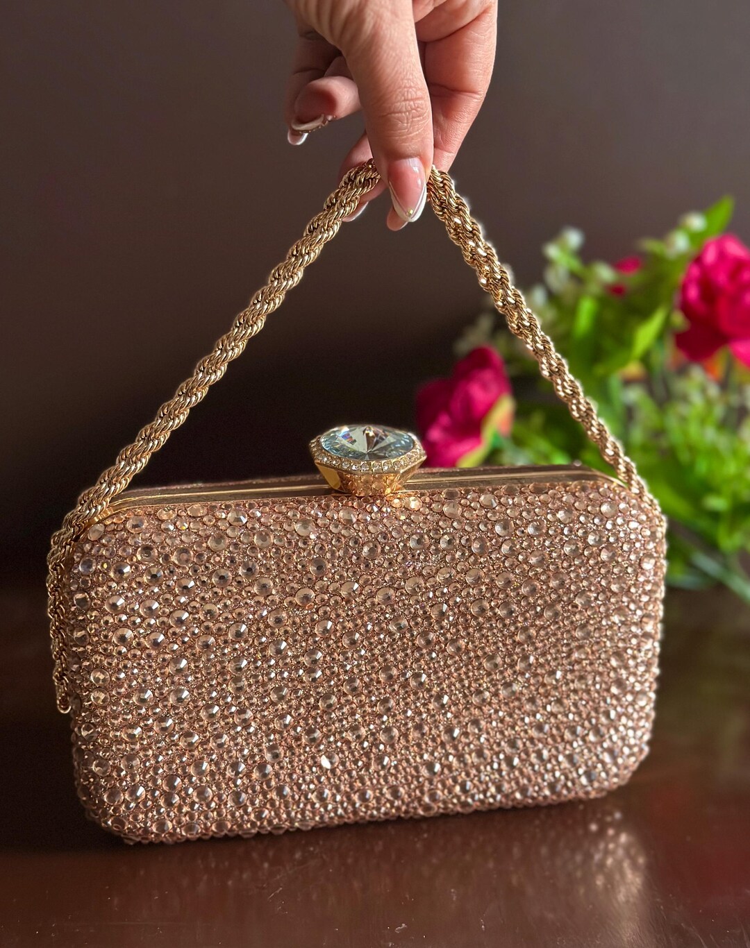 Rhinestone Peach Clutch Purse With Textured Design, Rose Gold Accents ...