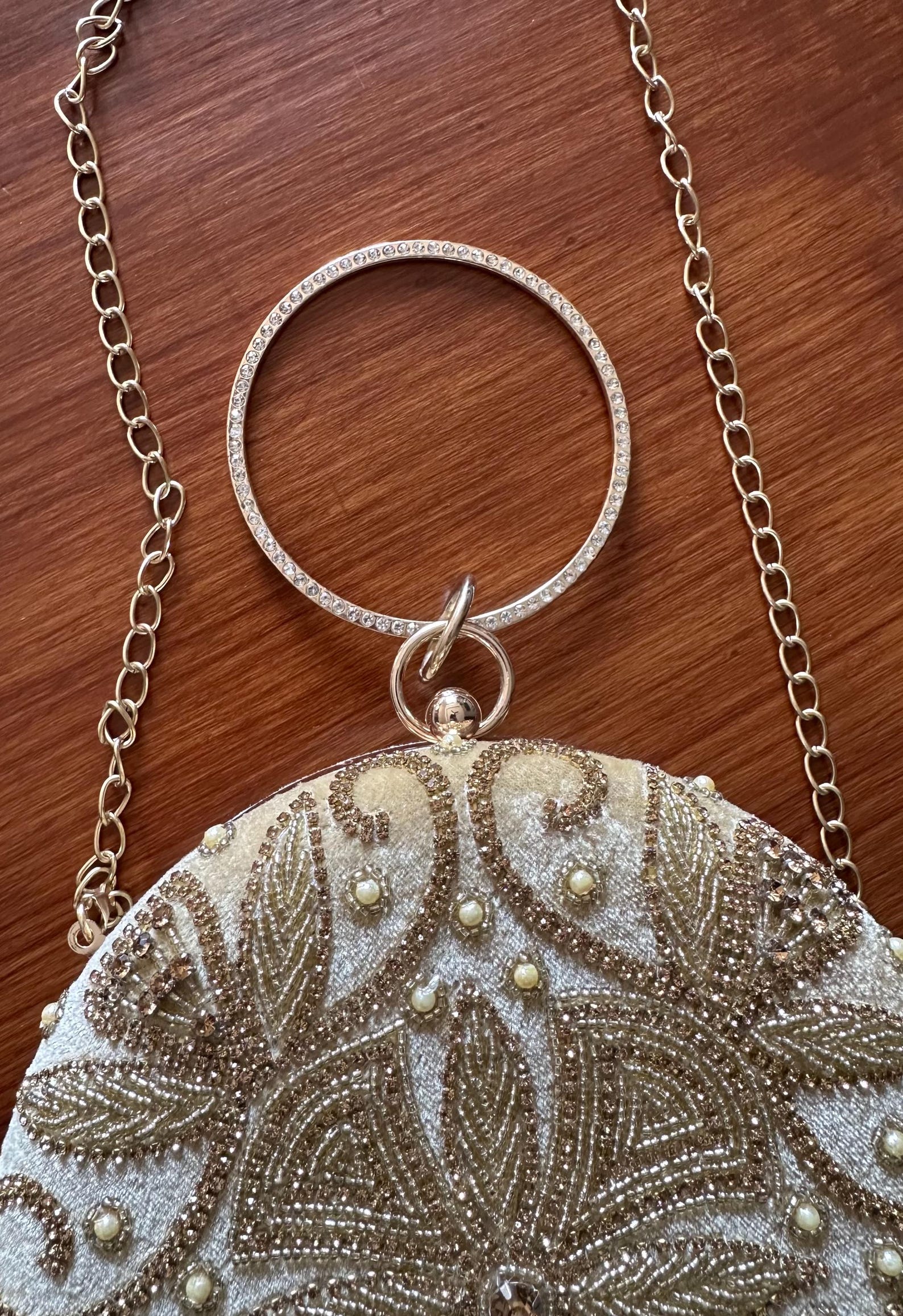Velvet White Round Clutch Purse With Gold Embroidery & Long Sling for ...