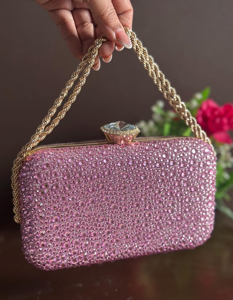 Rhinestone Peach Clutch Purse With Textured Design, Rose Gold Accents ...