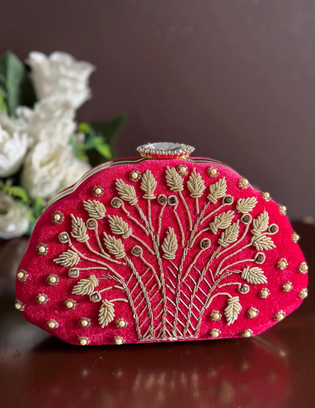Hot Pink Hard Case Clutch Purse in Gold Metal Frame / Shell Shaped Bag ...