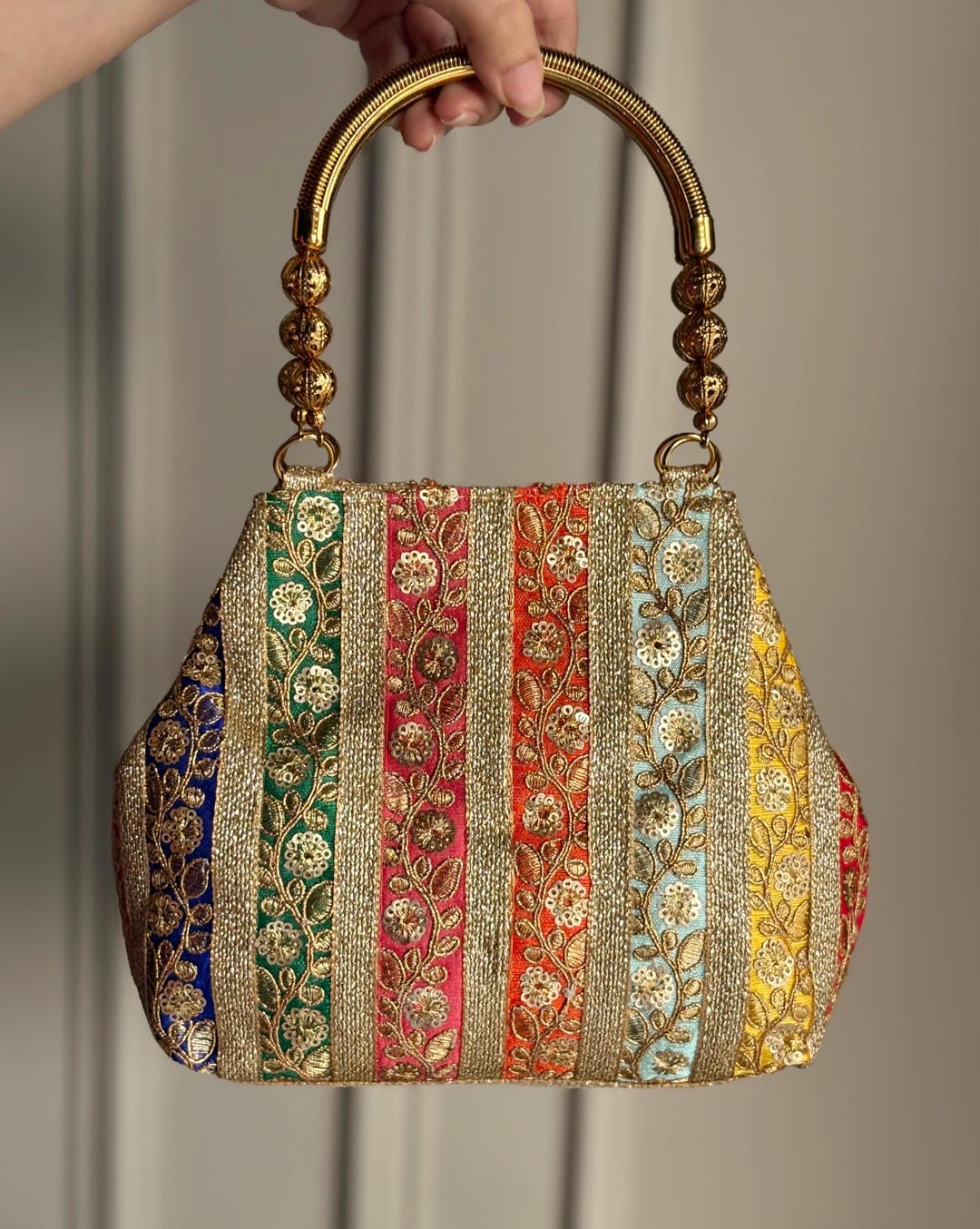 ZOHRA Multicolored Potli Bag With Hand Embroidery and Top Golden Handle ...