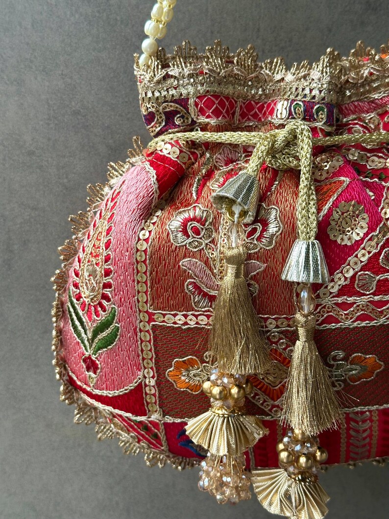 Indian Potli Bag With Handmade Red Fabric Base and Luxurious Gold ...