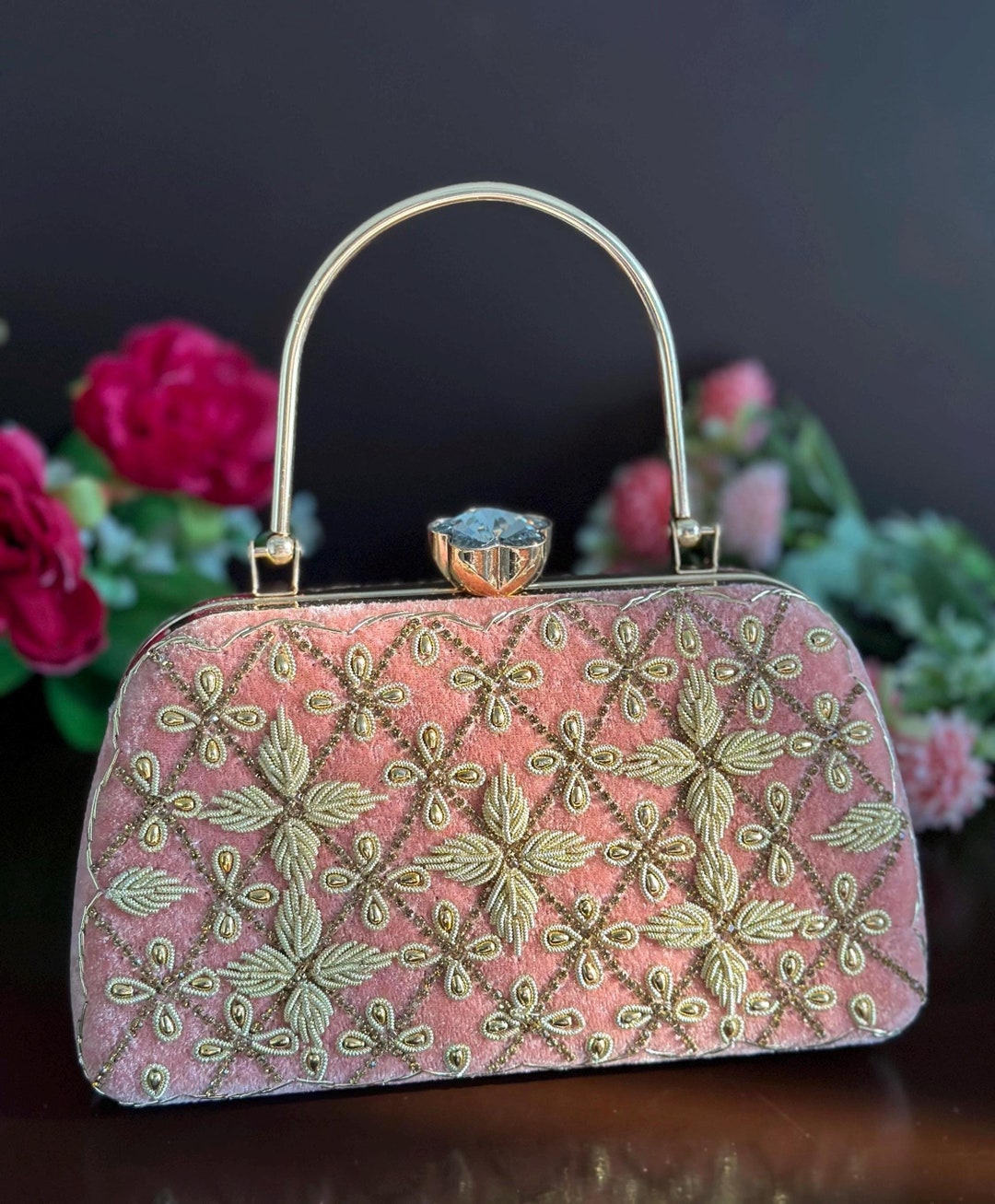 NAIRA Pastel Pink Box Clutch Purse With Gold Embroidery and Metal ...