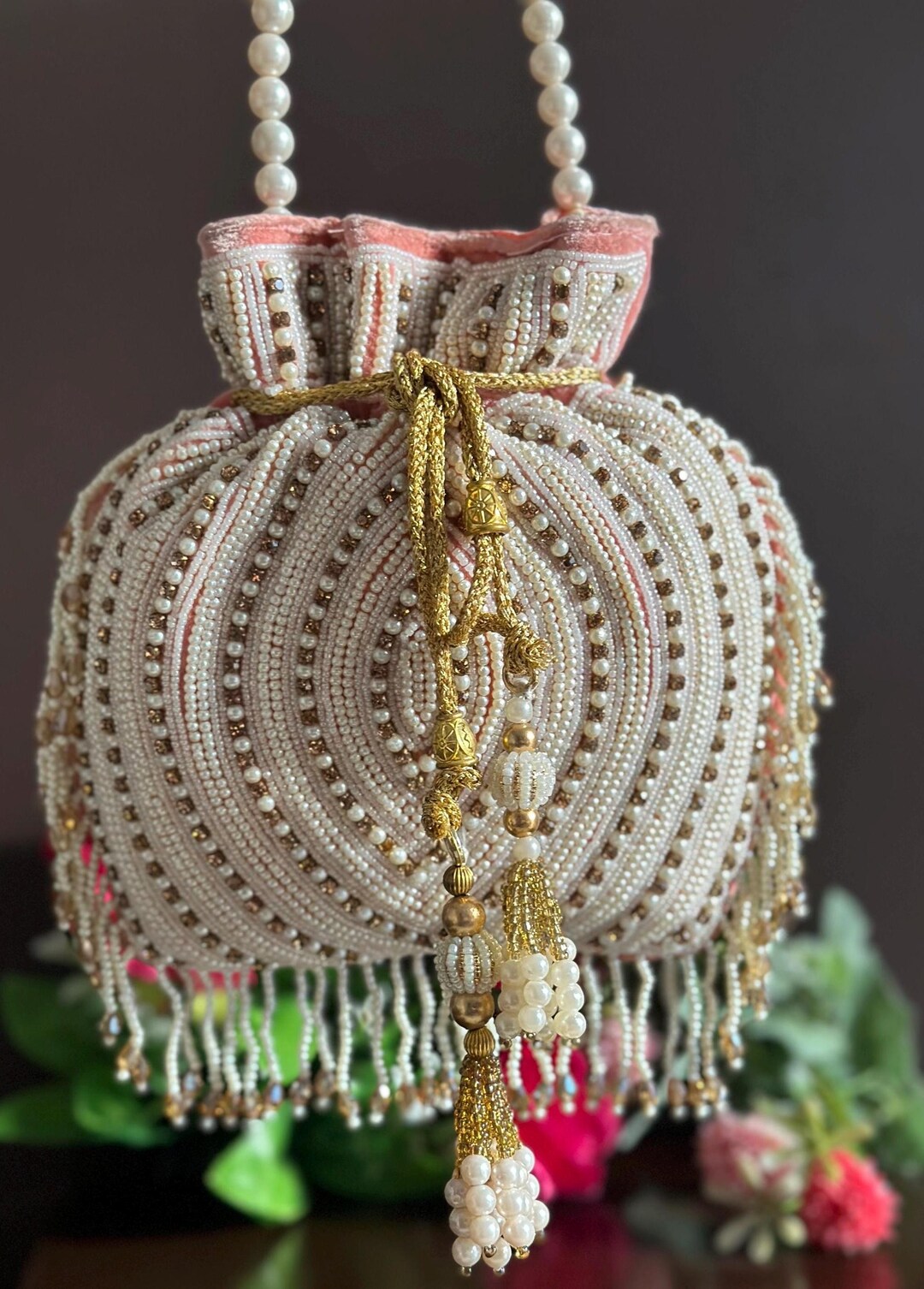 IRA Designer Coral Pink Purse With White Pearl Detailing,fringe Purse ...