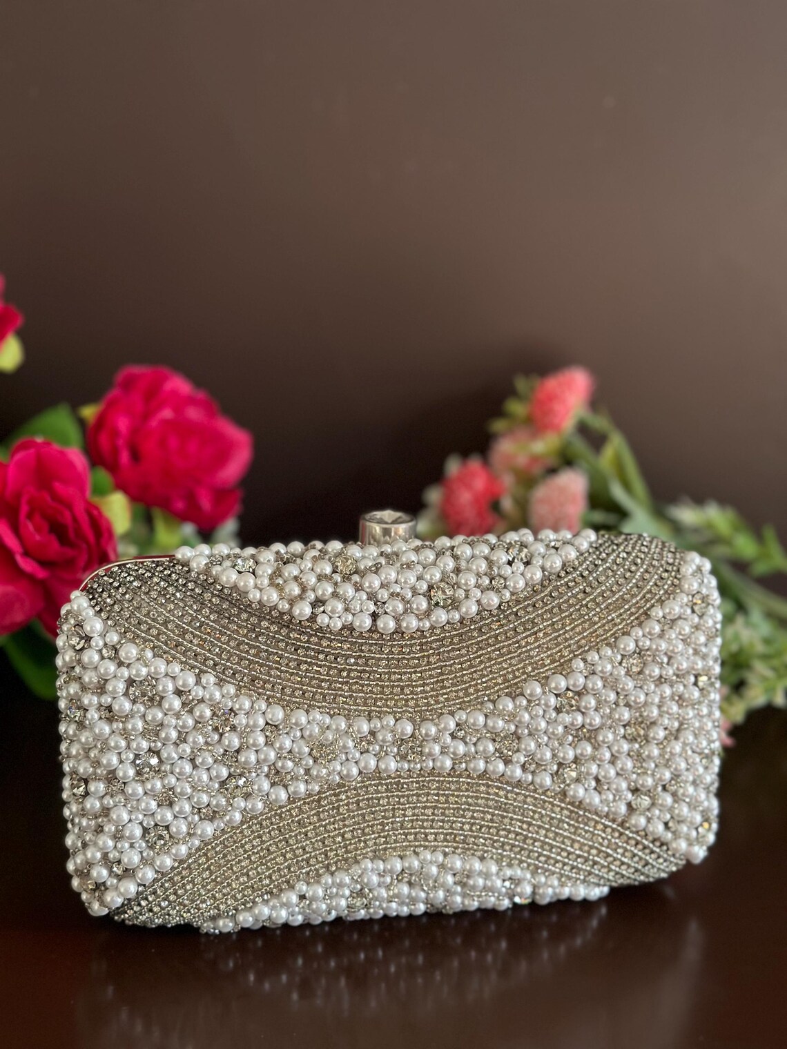 SHAE Victorian White Pearl Clutch Purse With Copper Work and Gold Metal ...