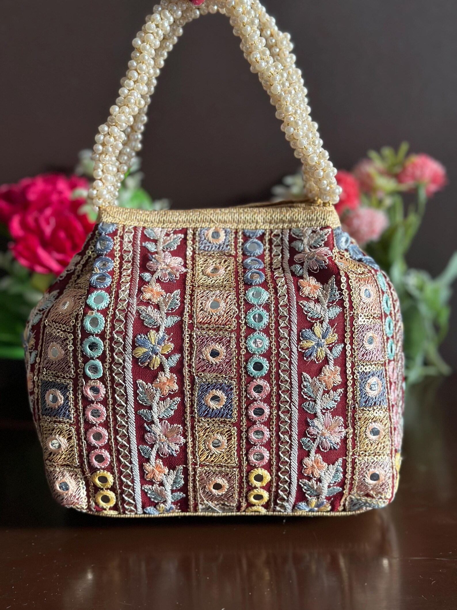 SANA Maroon Red Zardozi Embroidery Potli Bag With Pearl Handle, Indian ...