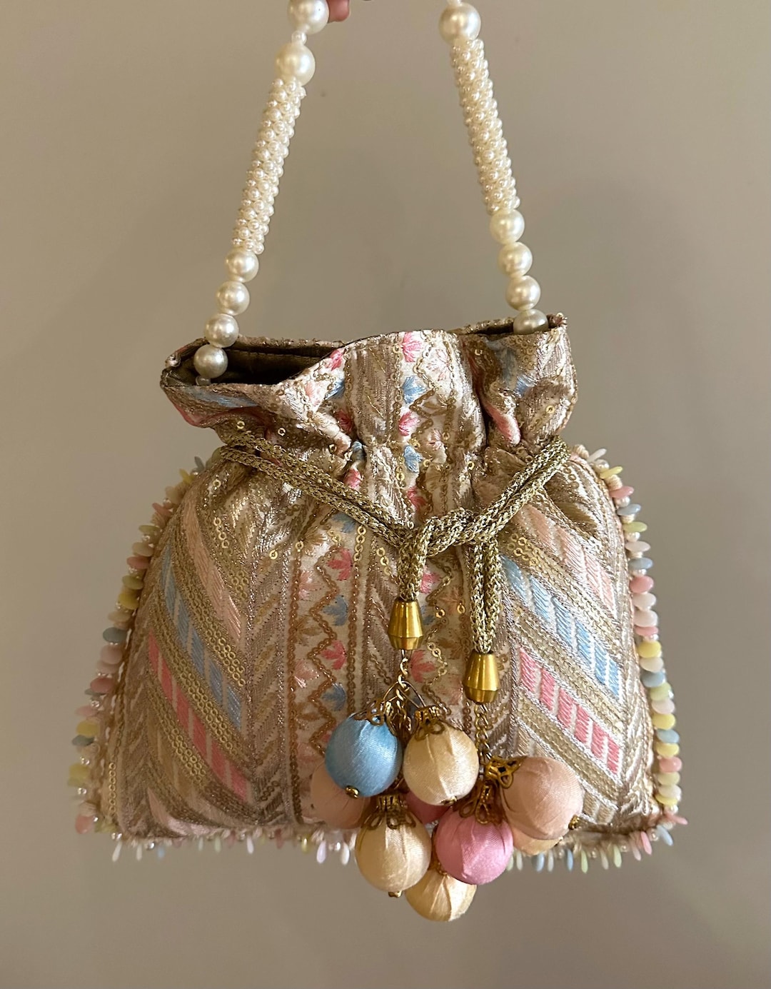 AHANA White Pastel Drawstring Bag With Sequins and Zardozi Embroidery ...