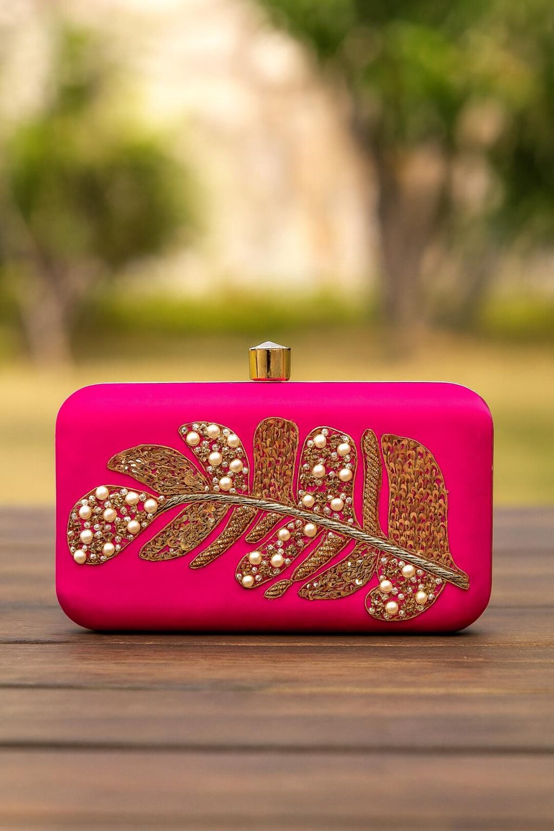 EMORY Hot Pink Clutch Purse With Golden Embroidery, Hard Gold Clutch ...